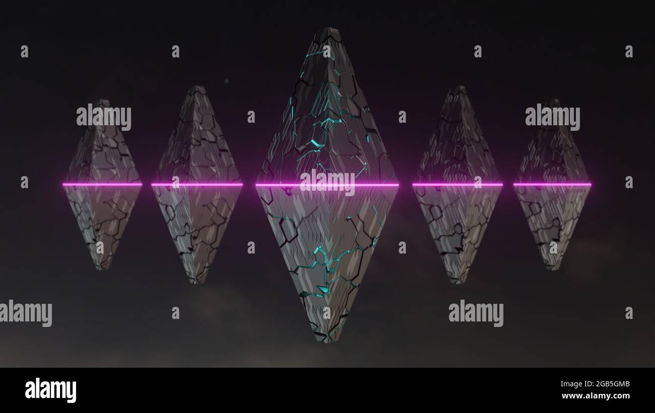 3D illustration of abstract sci-fi patterned triangular objects set in ...