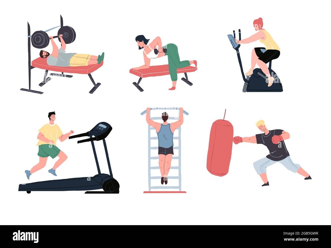Cartoon flat healthy characters set doing sport workout at gym, vector ...
