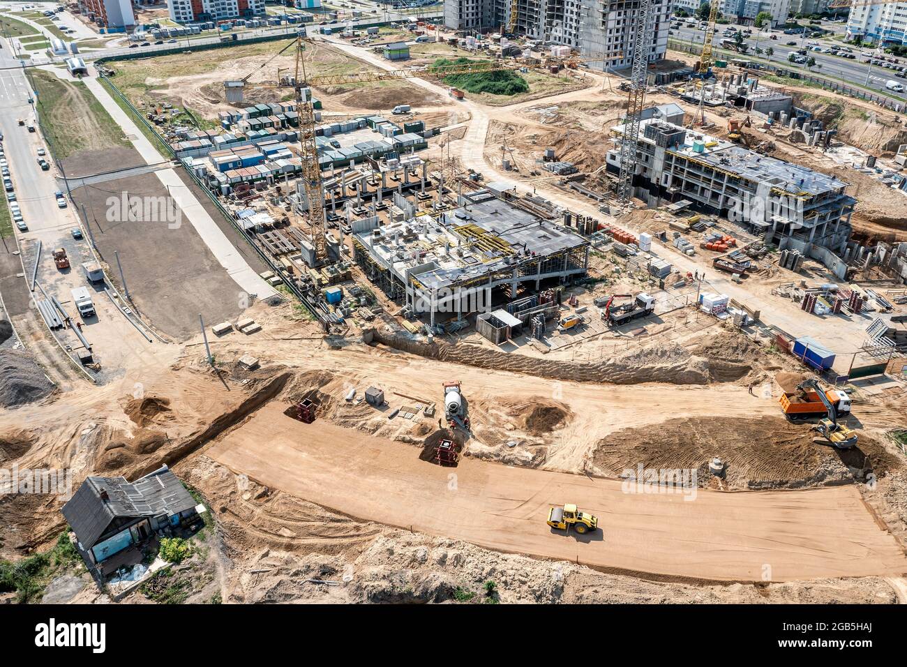 aerial panoramic view of large construction site at sunny summer day ...