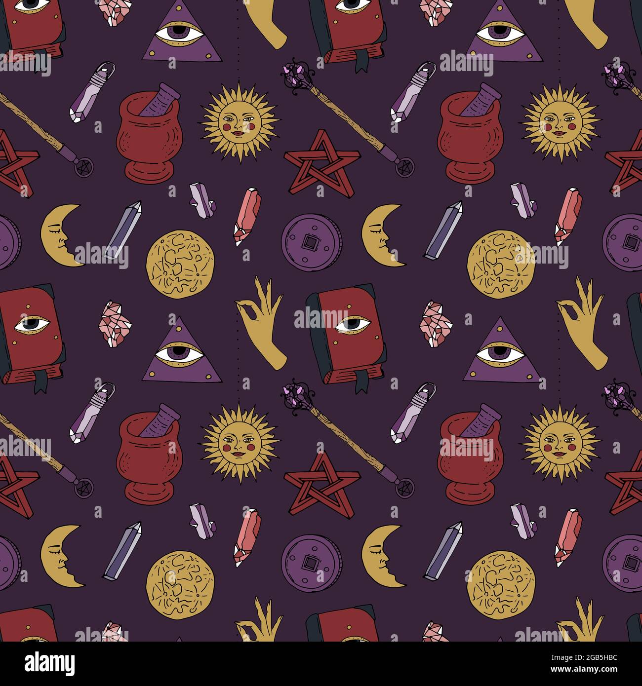 Seamless pattern with hand drawn doodle line art celestial bodies and ...