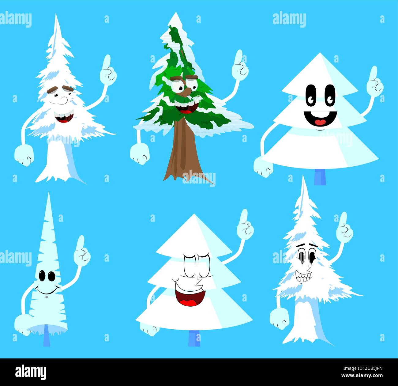Cartoon winter pine trees with faces making a point. Cute forest trees ...