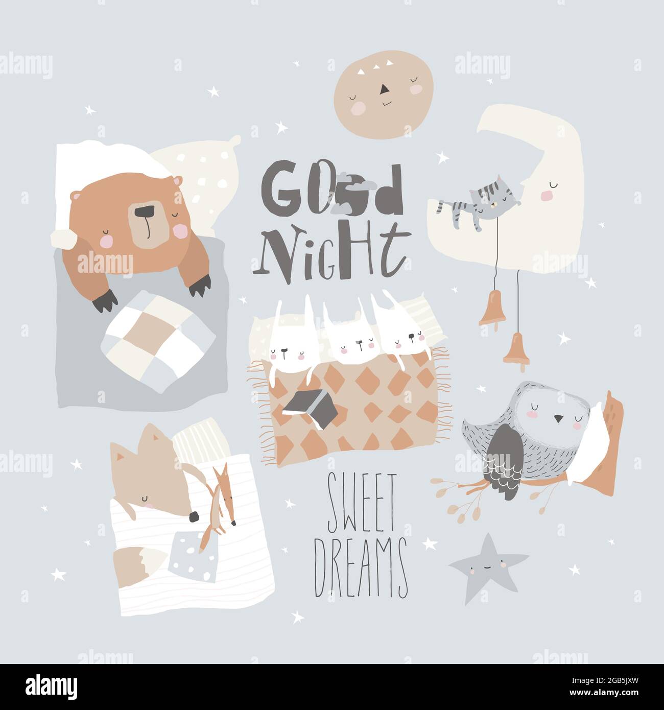 Cute Cartoon Animals sleeping in Beds. Sweet Dreams Stock Vector Image ...