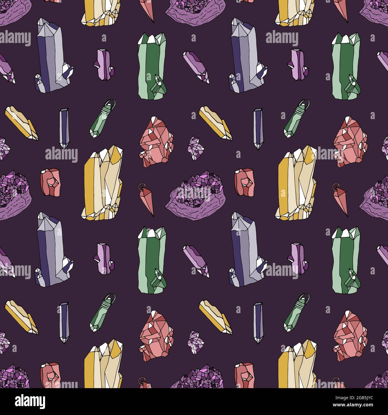 Seamless pattern with hand drawn colorful crystals and pendants on ...