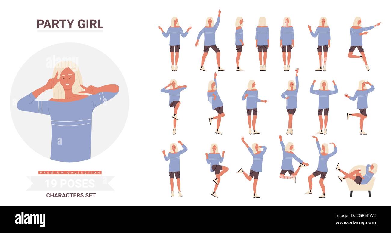 Young woman poses on dance party vector illustration set. Cartoon happy ...