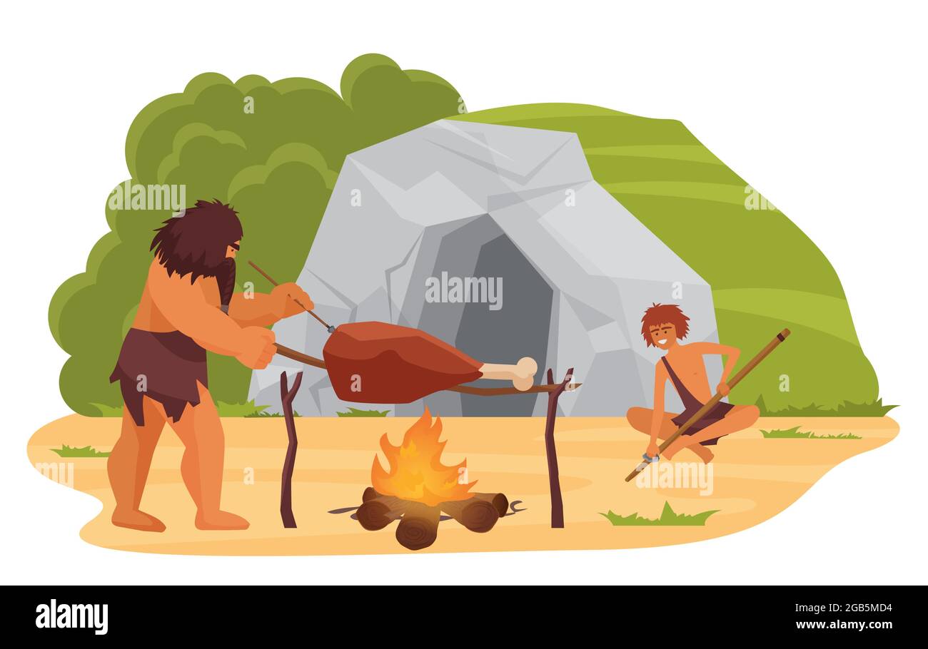 Primitive neanderthal people cooking food near cave vector illustration ...