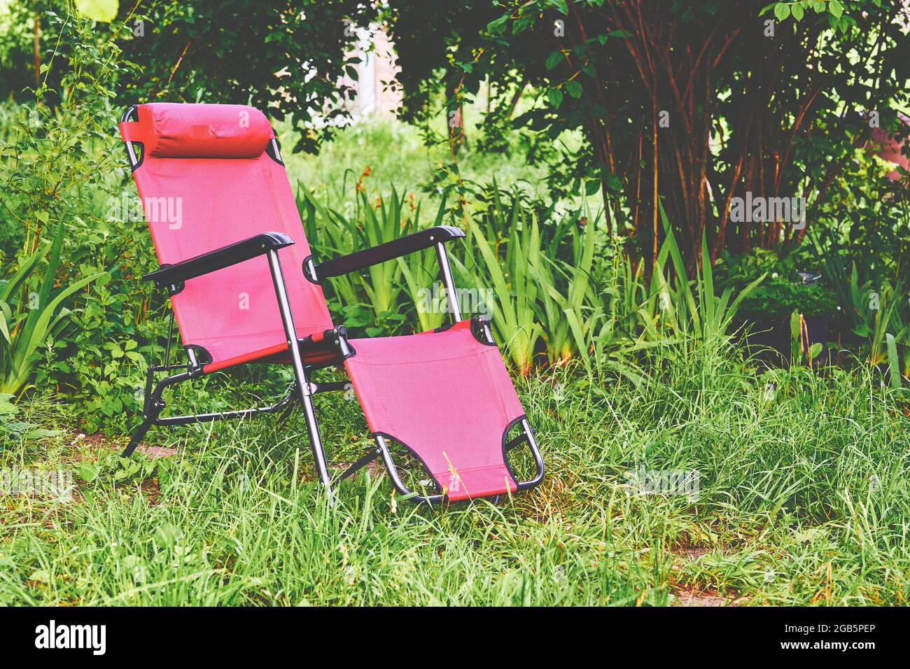 Red chaise lounge chair on summer green meadow Stock Photo - Alamy