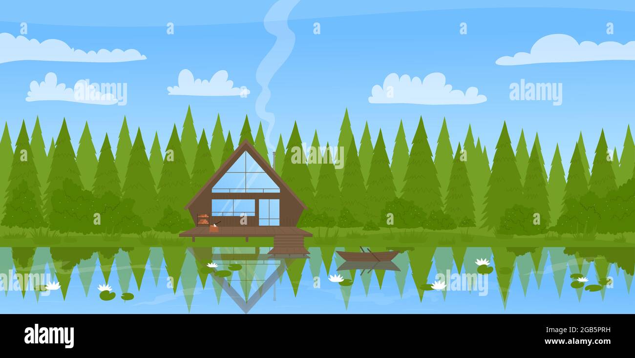 Modern wooden fisherman house cottage in wild forest summer landscape ...