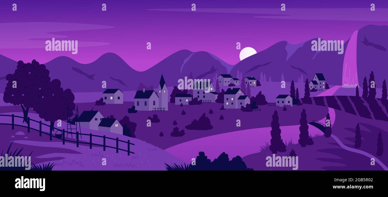 Night town or village in purple mountain summer landscape vector ...