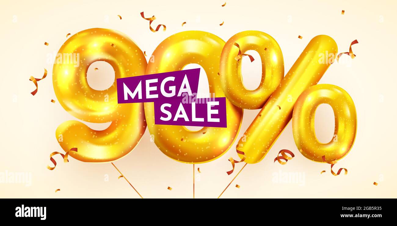 90 percent Off. Discount creative composition of golden balloons. 3d ...