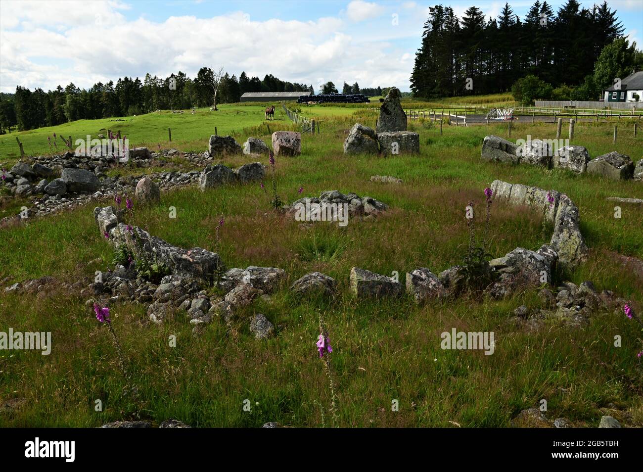 A view of a Neolithic stone circle from the bronze age in a field in ...