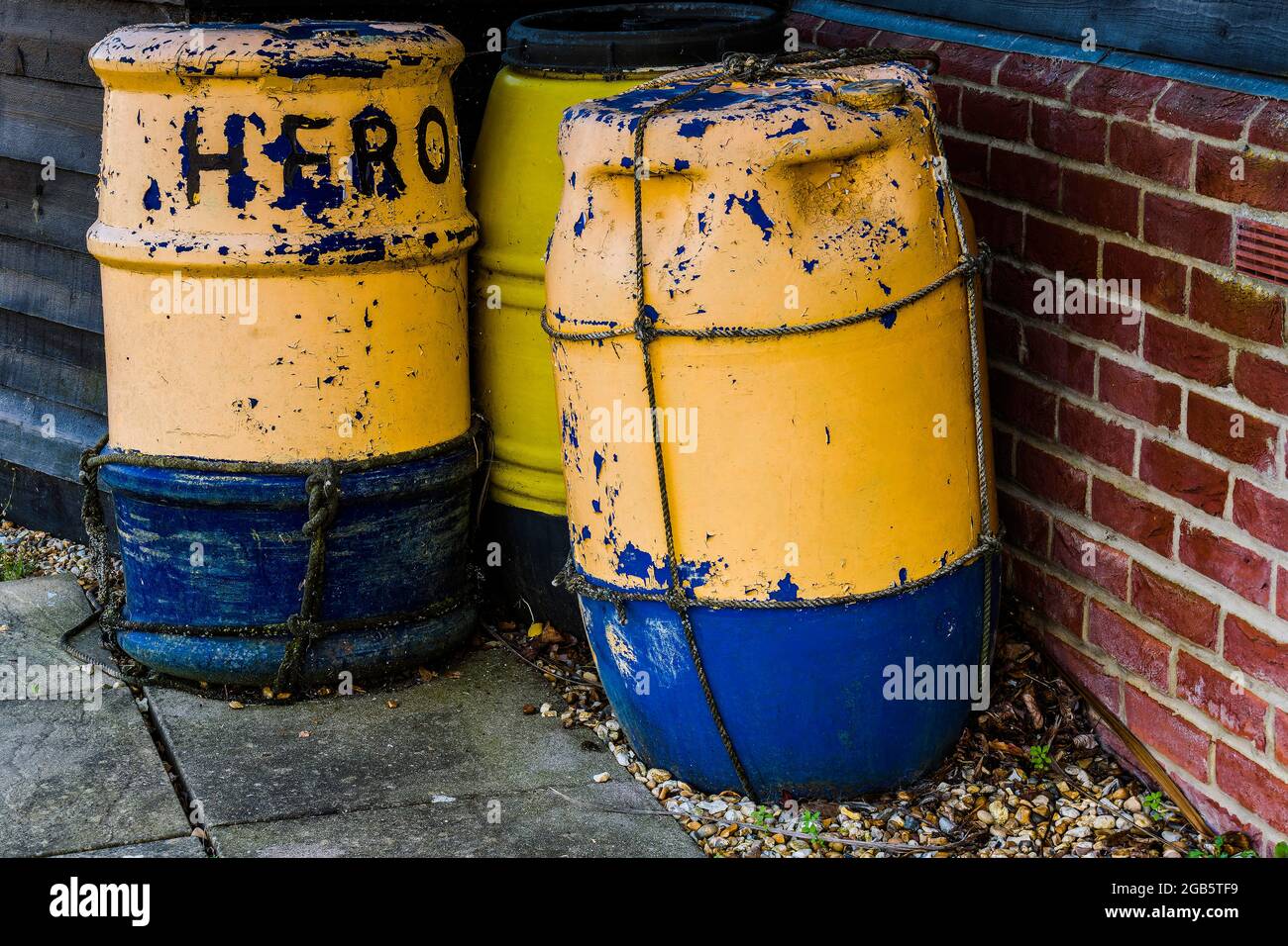 Close up of colourful barrel harbour Stock Photo - Alamy