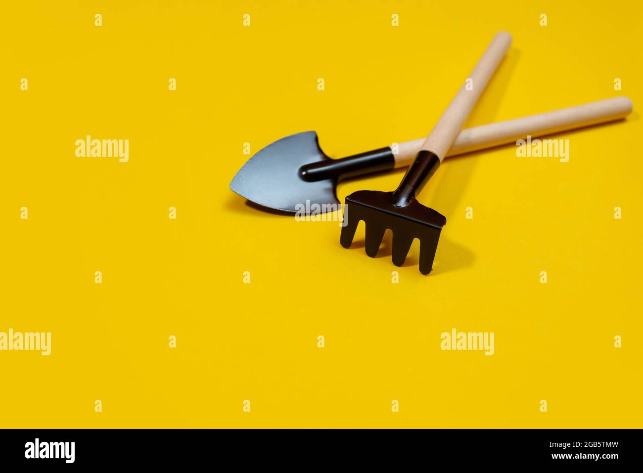 Gardening tools on yellow background Stock Photo - Alamy