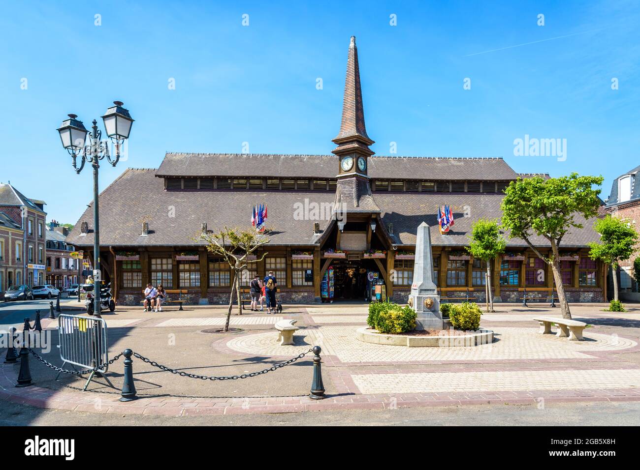 The Marechal Foch square in Etretat, France, with the Old Market, a ...