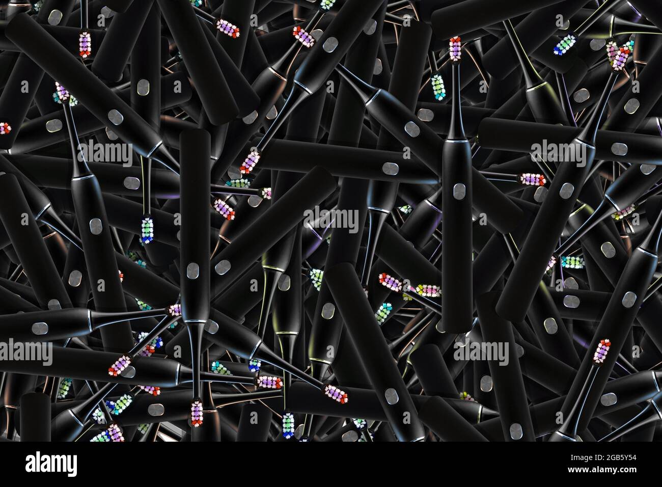 Texture of a black electric toothbrush with multi-colored bristles ...