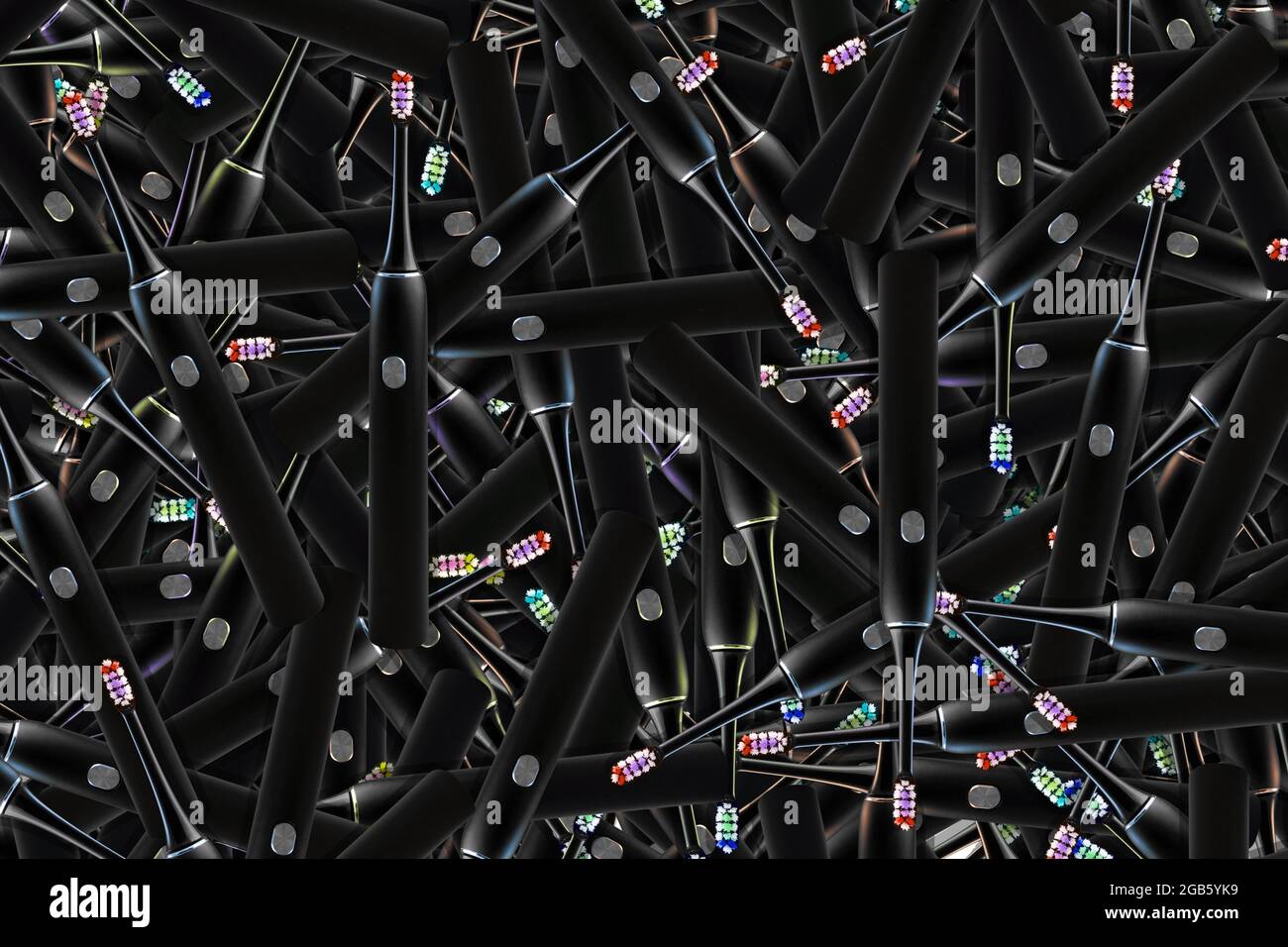 Texture of a black electric toothbrush with multi-colored bristles ...