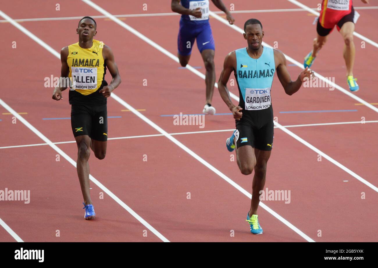 Nathon Allen (Jamaique) ,Steven Gardiner ( Bahamas) during the 1st Semi ...