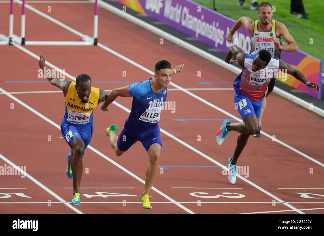 Shane Brathwaite (Barbados) , Devon Allen (USA) and Roger Iribarne ...