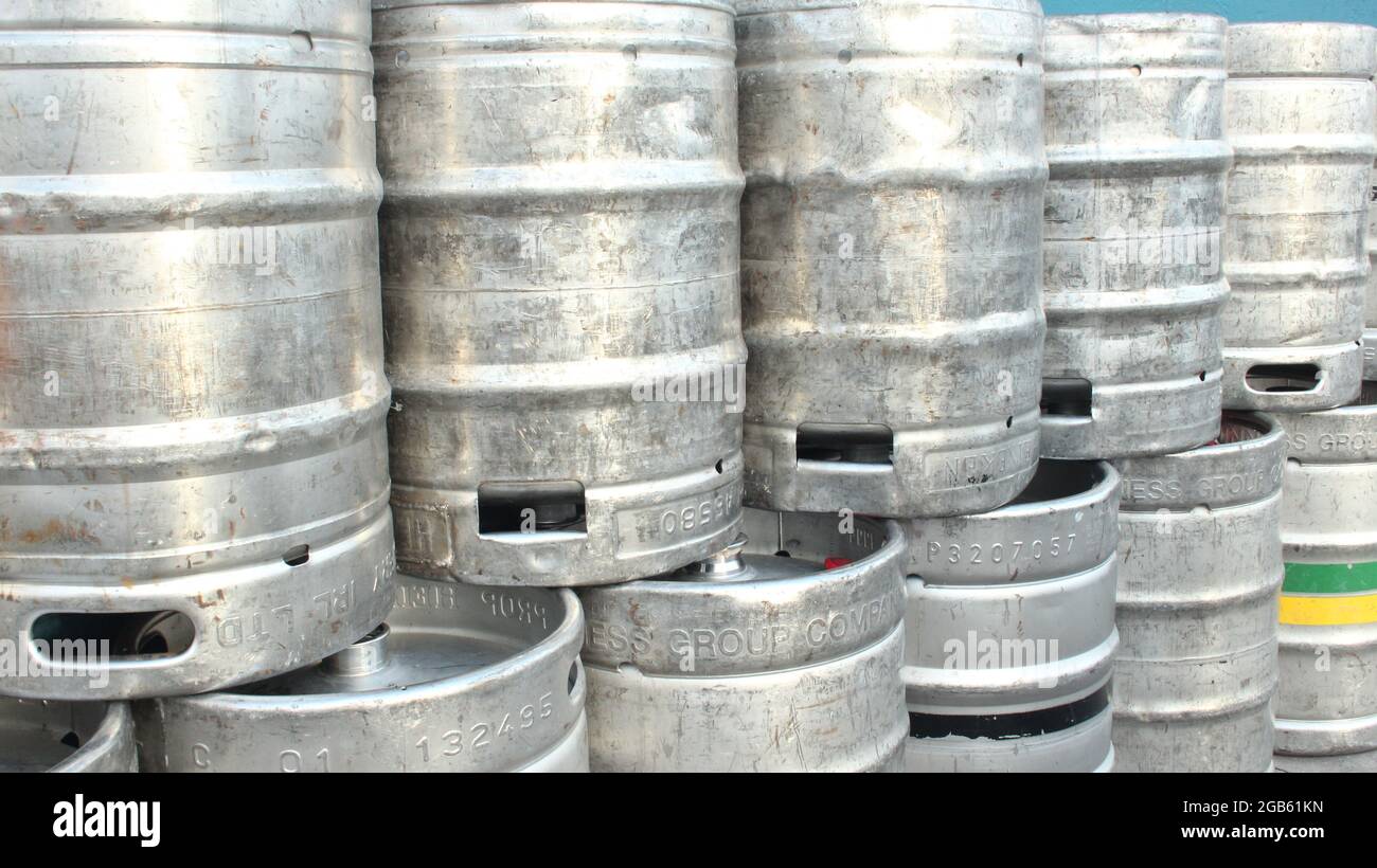 Beer Kegs Stacked Up Stock Photo - Alamy