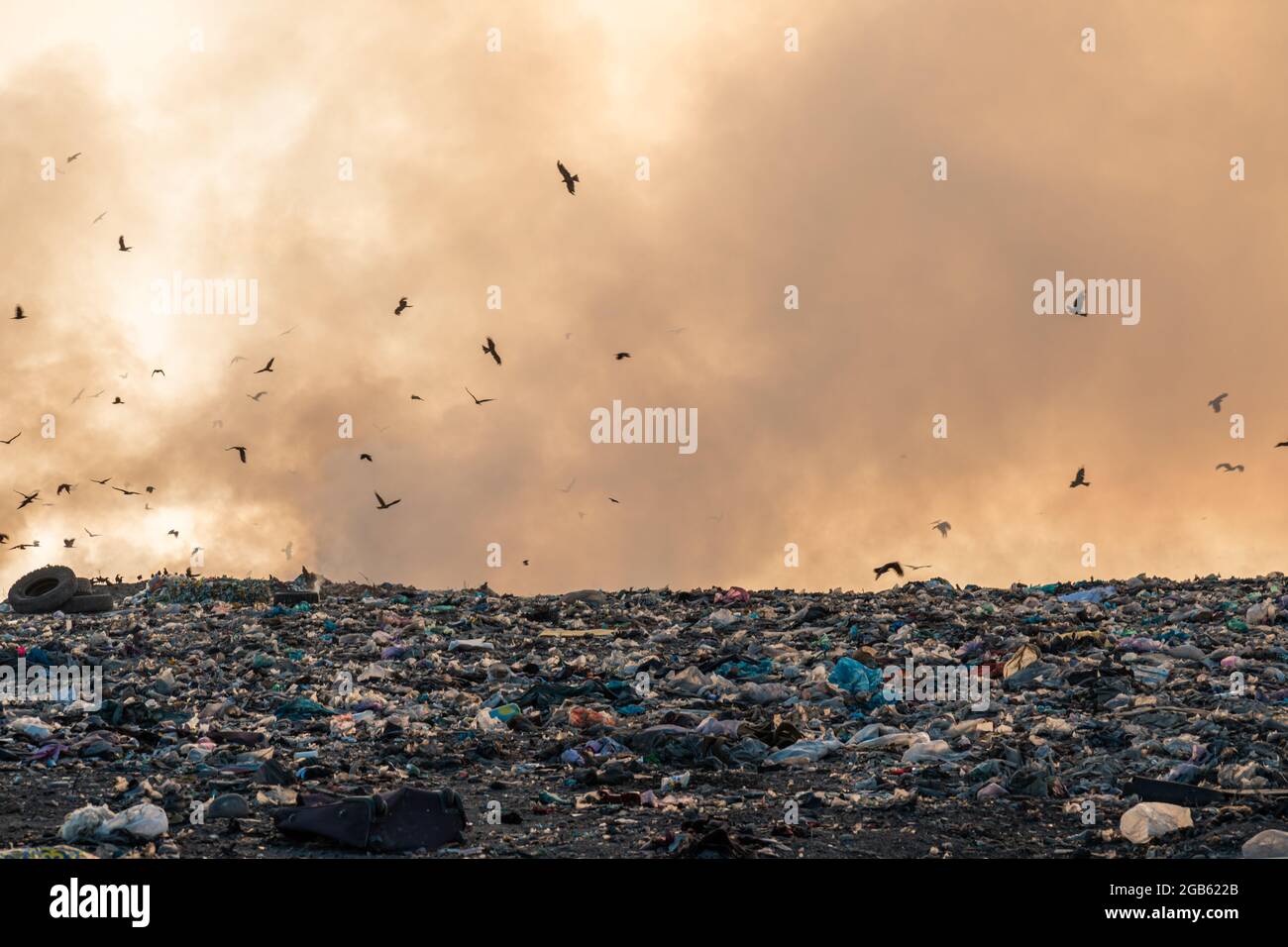 Pollution concept, Burning garbage pile in trash dump or landfill Stock ...