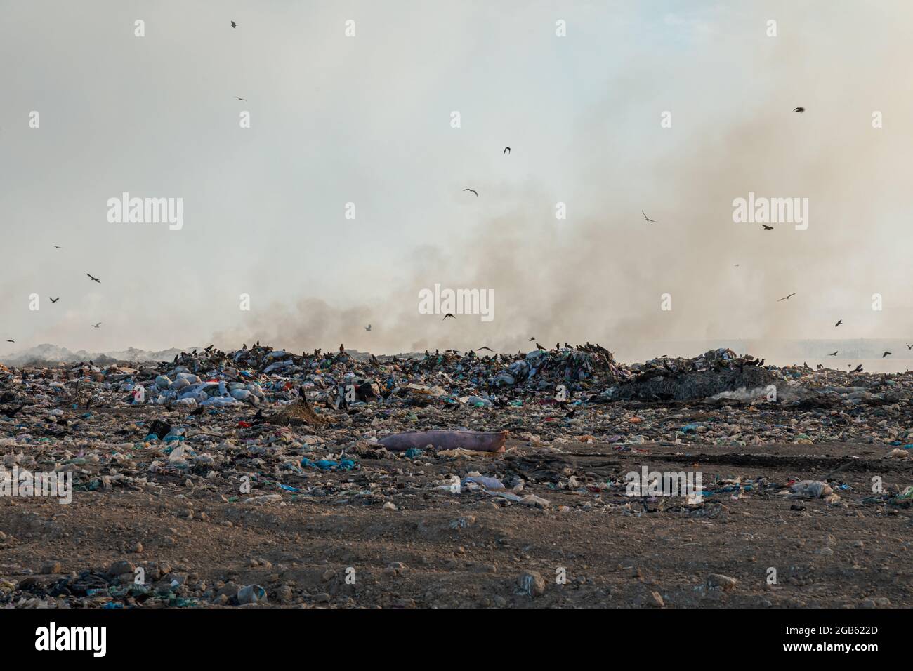 Pollution concept, Burning garbage pile in trash dump or landfill Stock ...