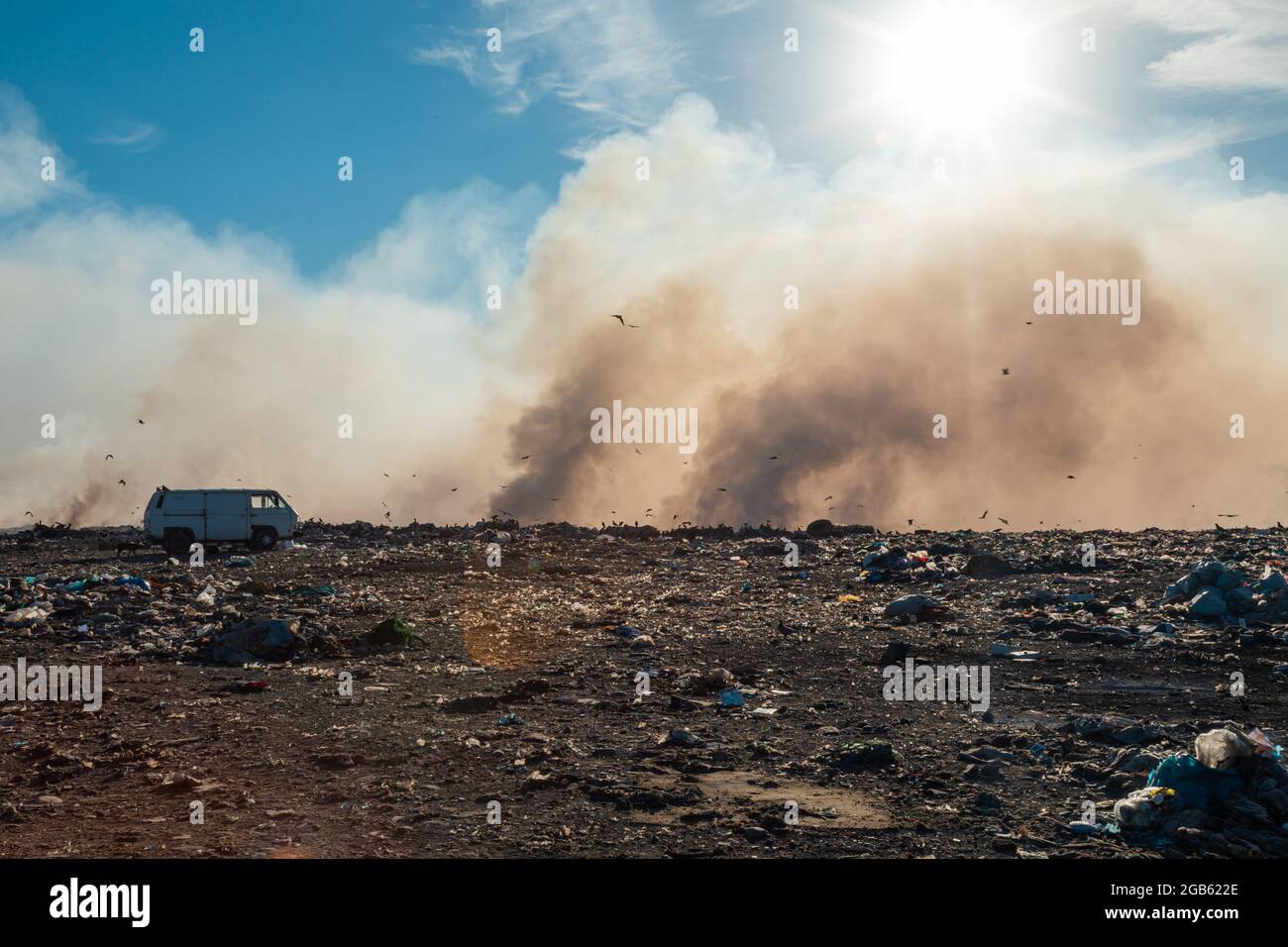 Pollution concept, Burning garbage pile in trash dump or landfill Stock ...
