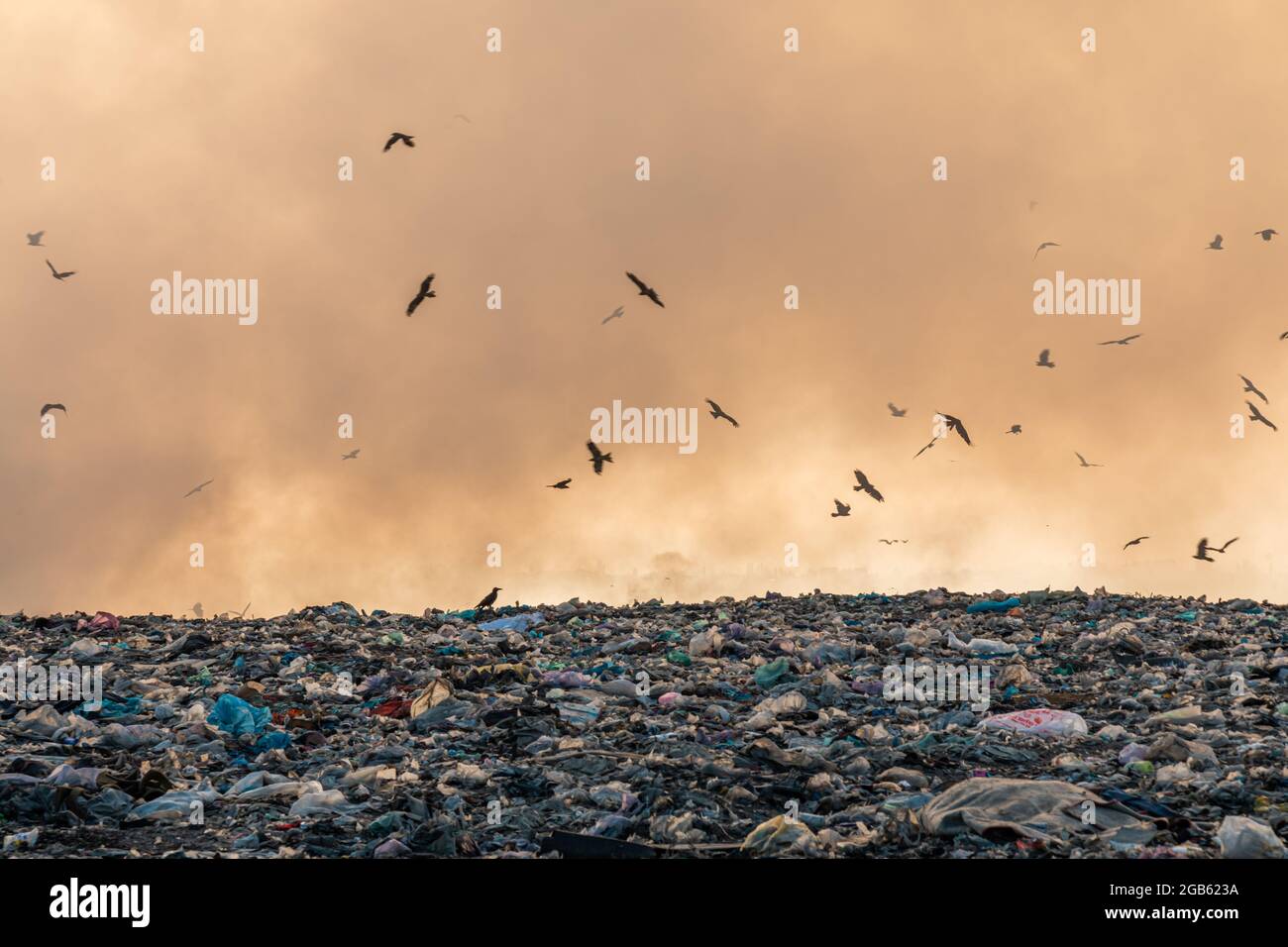 Pollution concept, Burning garbage pile in trash dump or landfill Stock ...