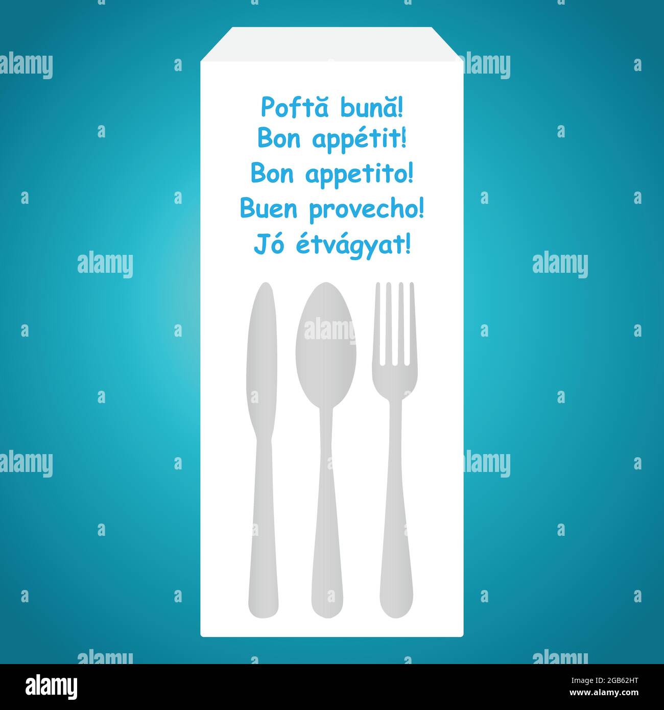Knife, spoon and fork with the text bon appetit in different languages ...