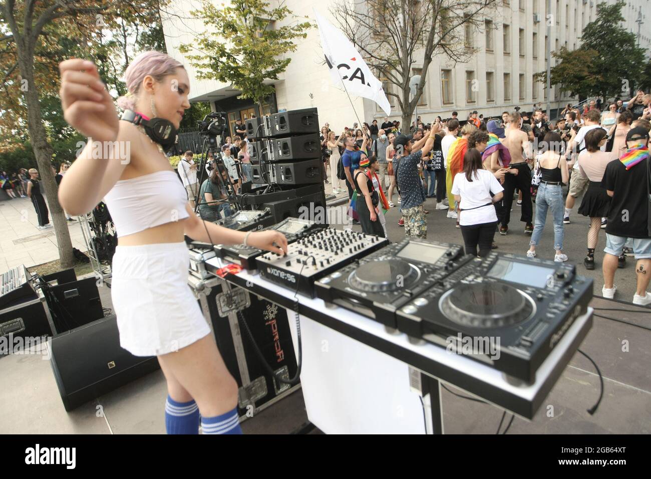 KYIV, UKRAINE - JULY 30, 2021 - A DJ performs during a rave party of ...