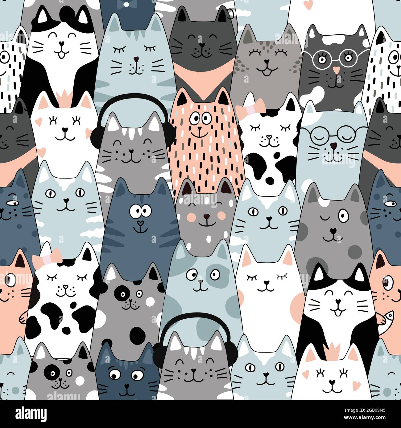 Seamless pattern with cats. Cute cat set. Funny cartoon animal ...
