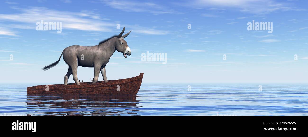 Donkey standing on a wooden boat - 3D render Stock Photo - Alamy