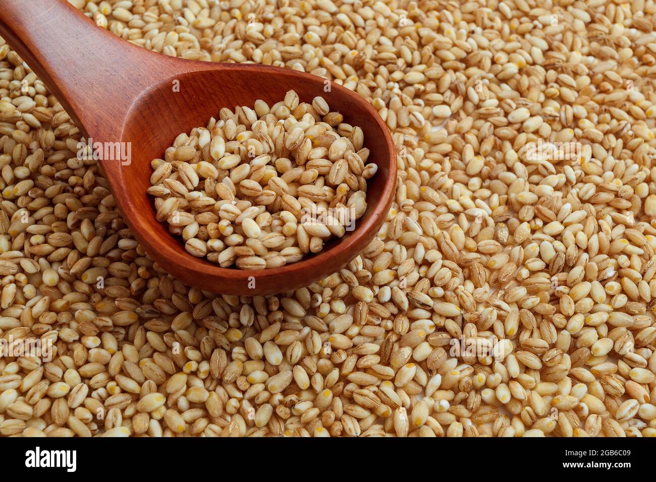 wooden spoon with pearl barley on pearl grain texture background Stock ...