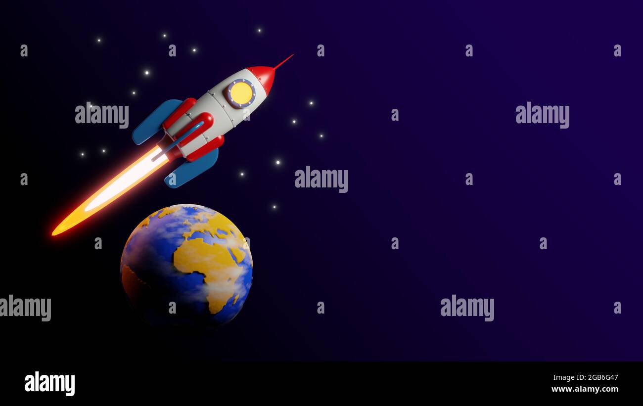 Rocket fly over the earth - 3d Flyer template Stock Photo - Alamy