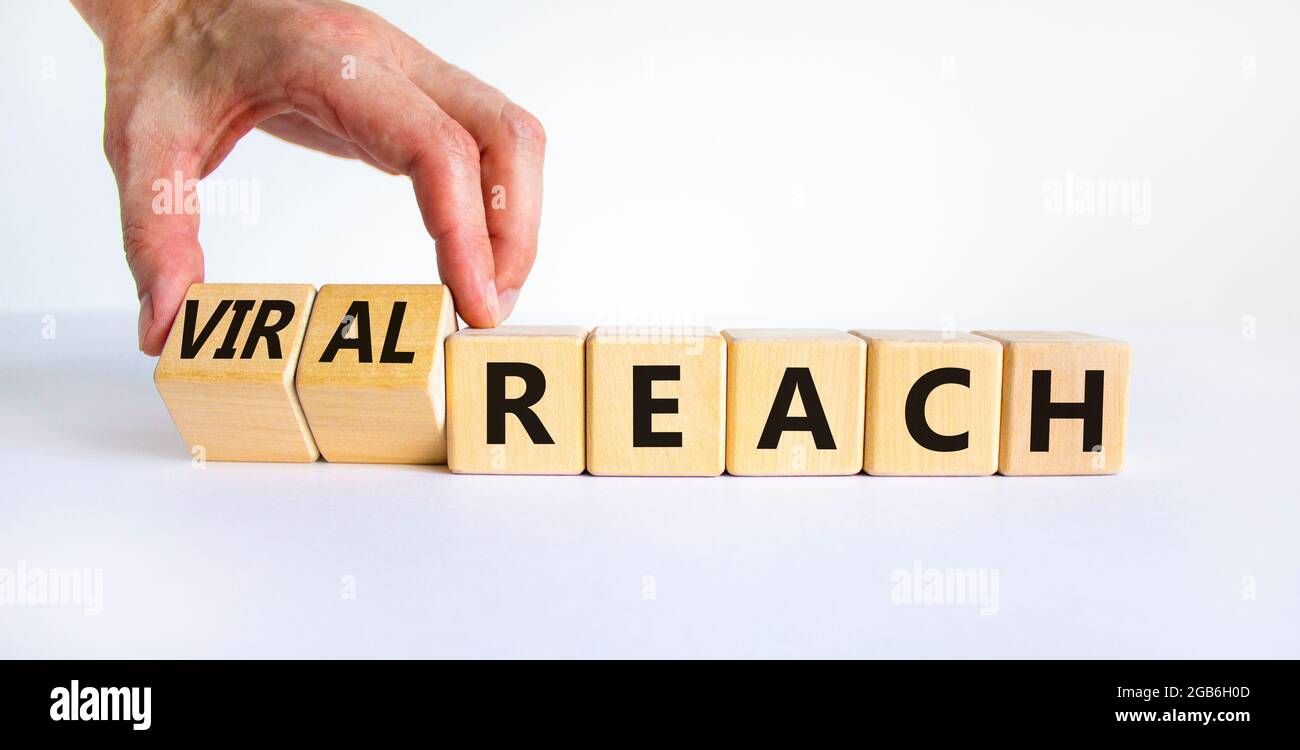 Viral reach symbol. Businessman turns wooden cubes and changes words ...