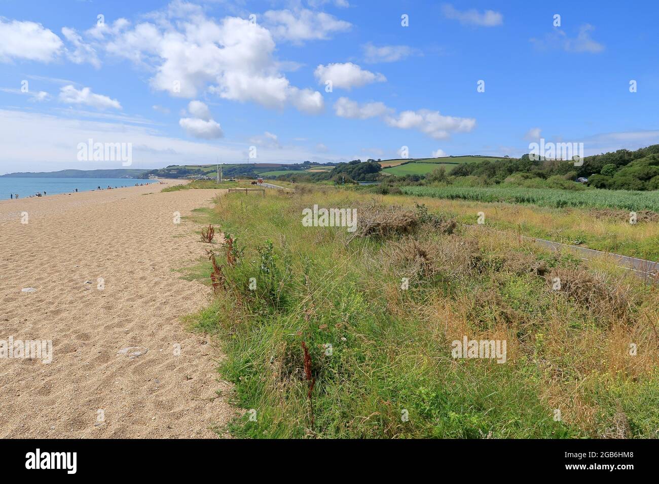 A view of the beach and countryside around Slapton Ley on the South ...