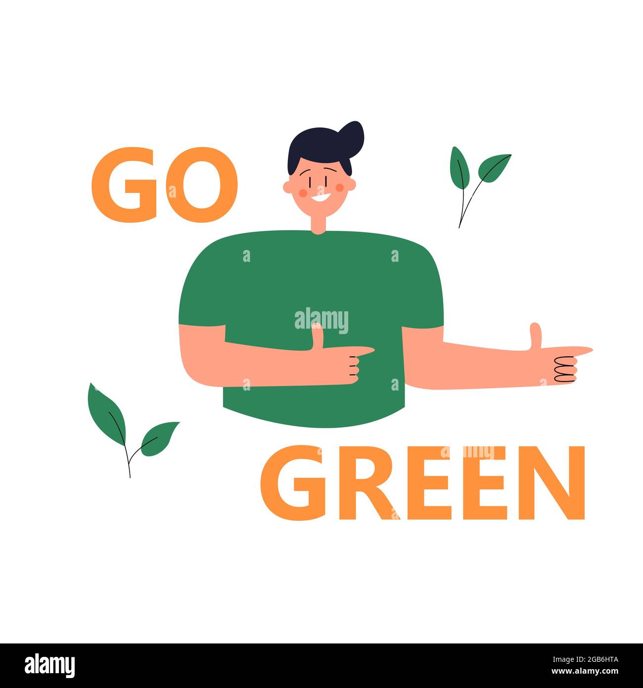 Go green concept. Happy male cartoon character demonstrates positive ...