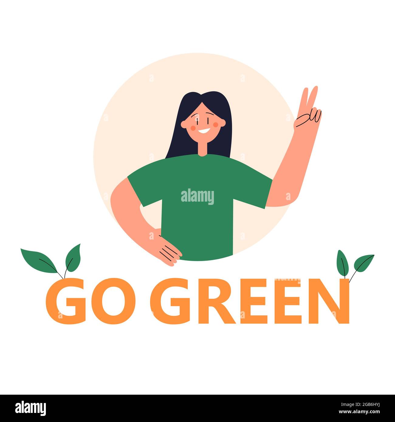 Go green concept. Happy female cartoon character demonstrates positive ...