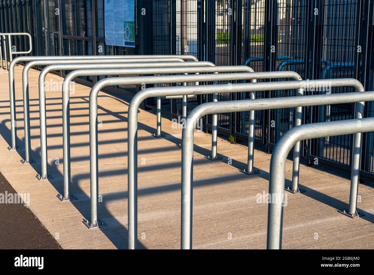 Metal railings in front of gates of Silesian Stadium in Chorzów, Poland ...