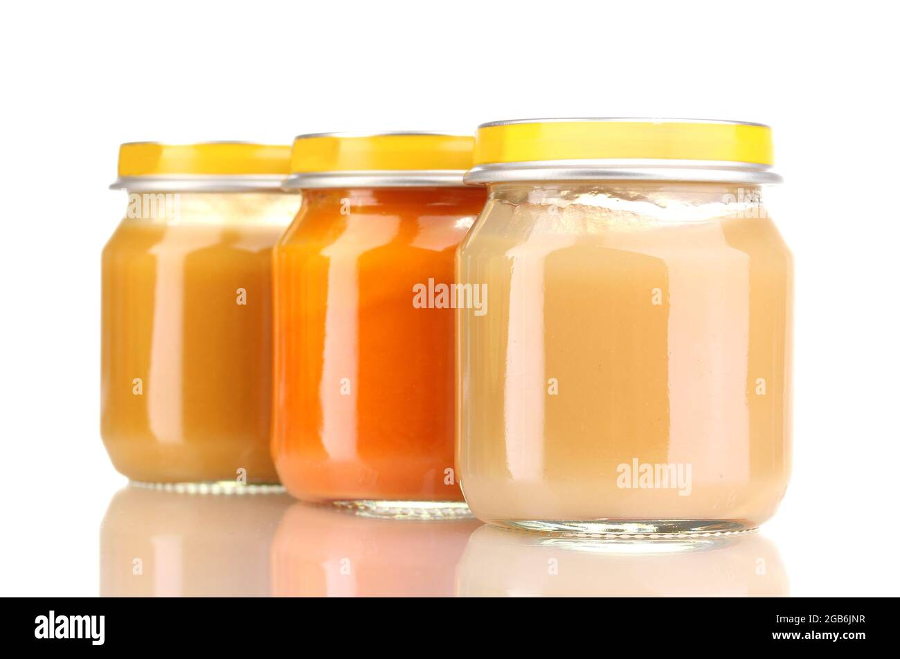 Jars of baby puree isolated on white Stock Photo - Alamy