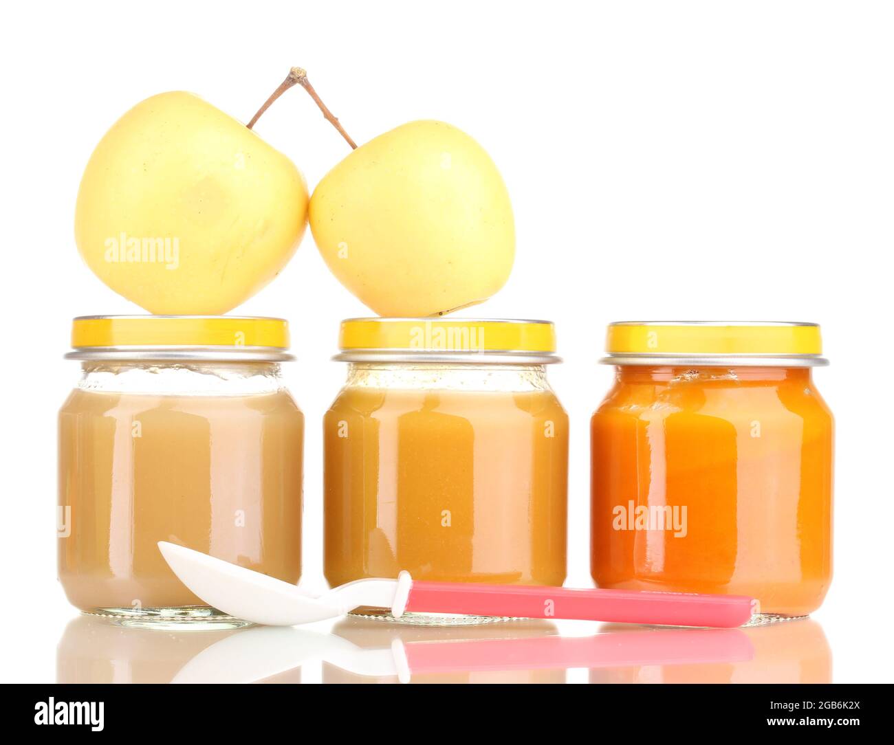 Jar of baby puree with apple and spoon isolated on white Stock Photo ...