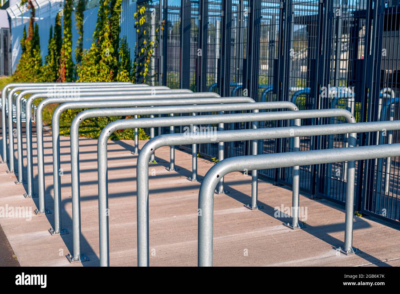 Metal railings in front of gates of Silesian Stadium in Chorzów, Poland ...