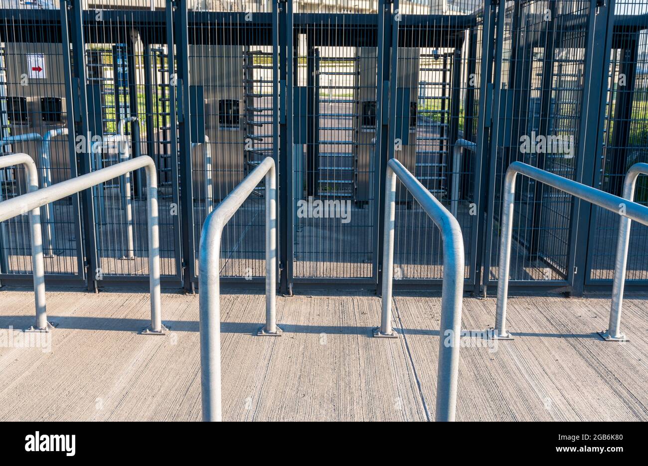 Metal railings in front of gates of Silesian Stadium in Chorzów, Poland ...