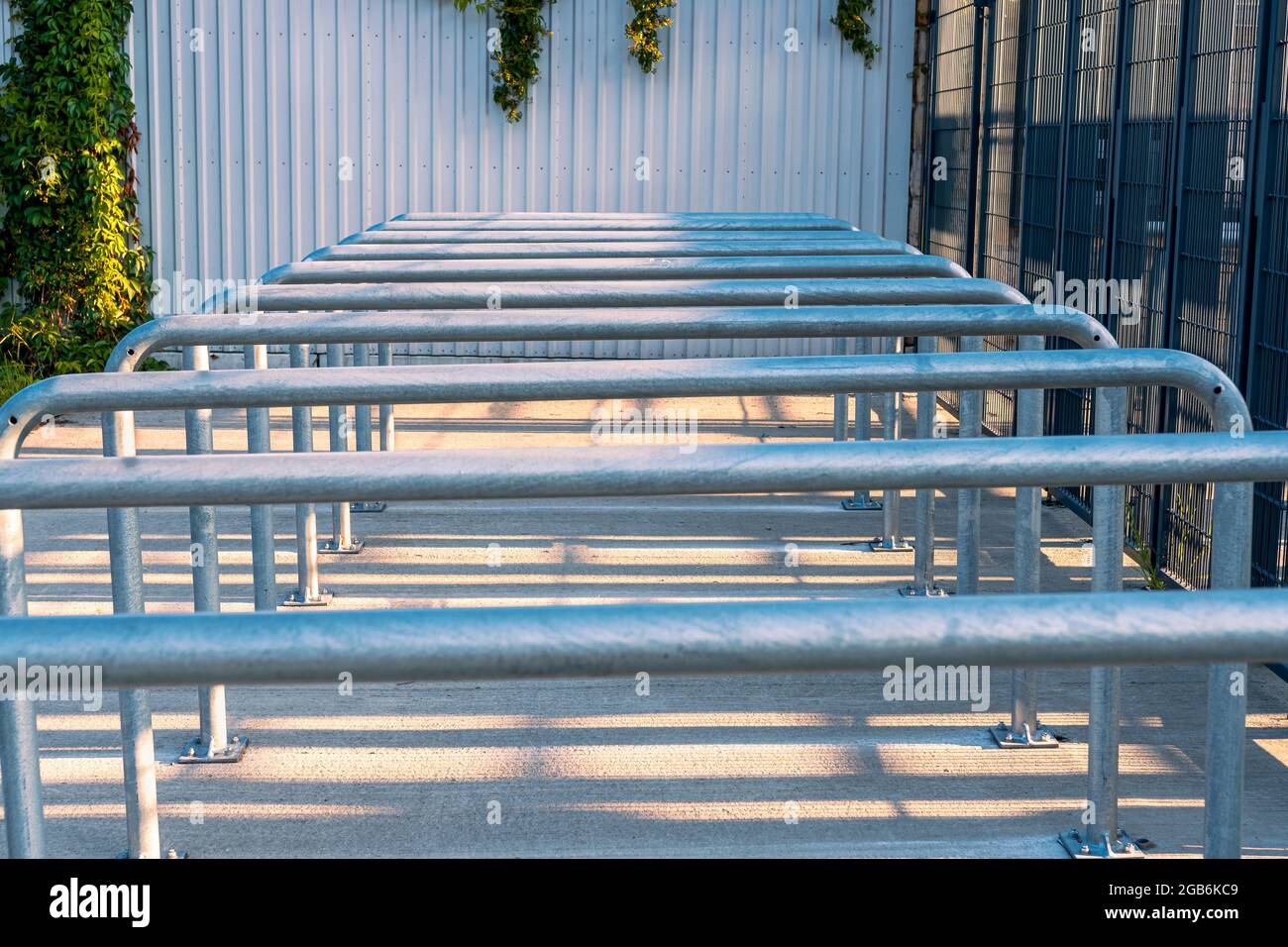 Metal railings in front of gates of Silesian Stadium in Chorzów, Poland ...