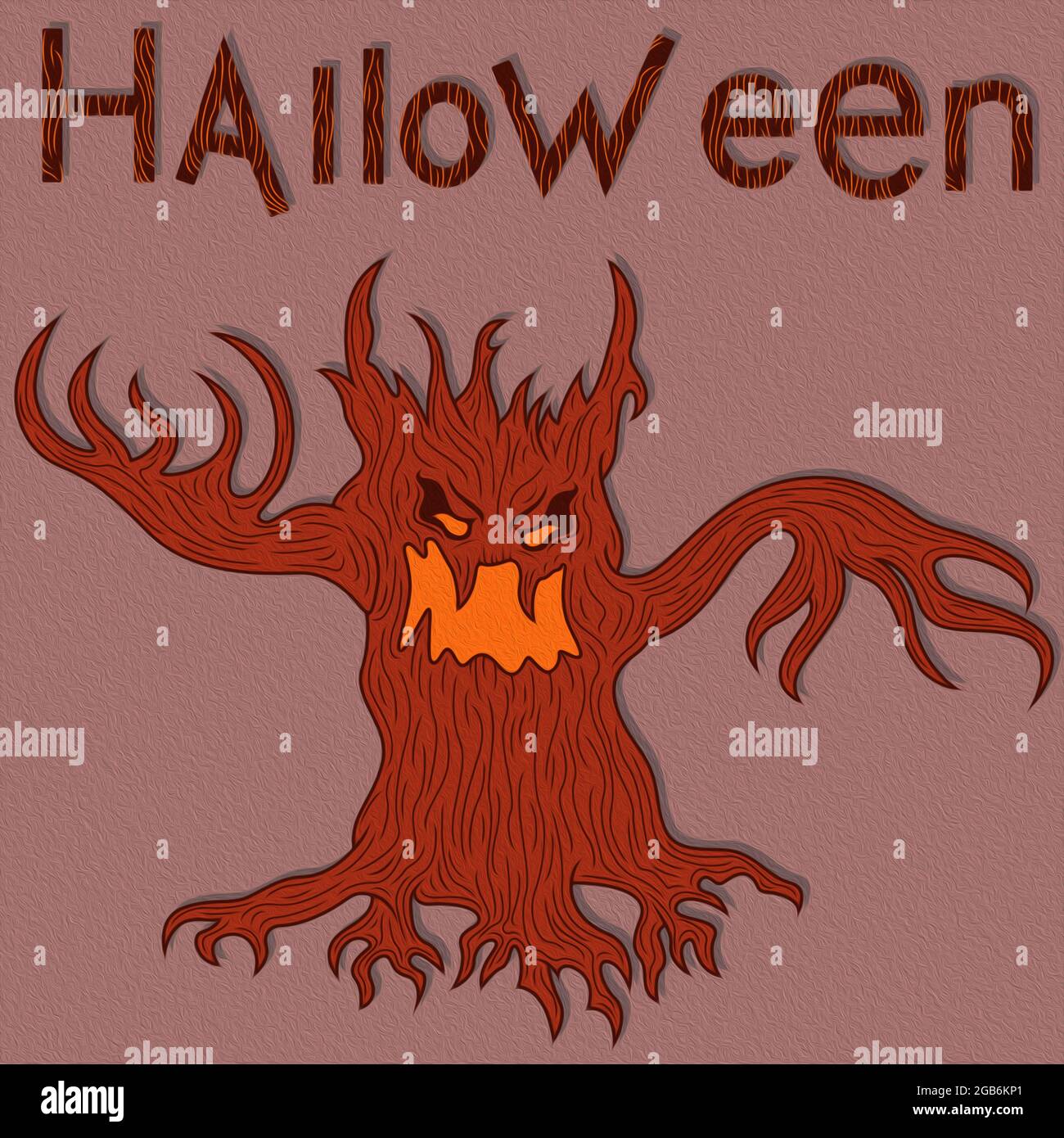 Halloween angry evil twisted red tree with branches as a hands, cartoon ...