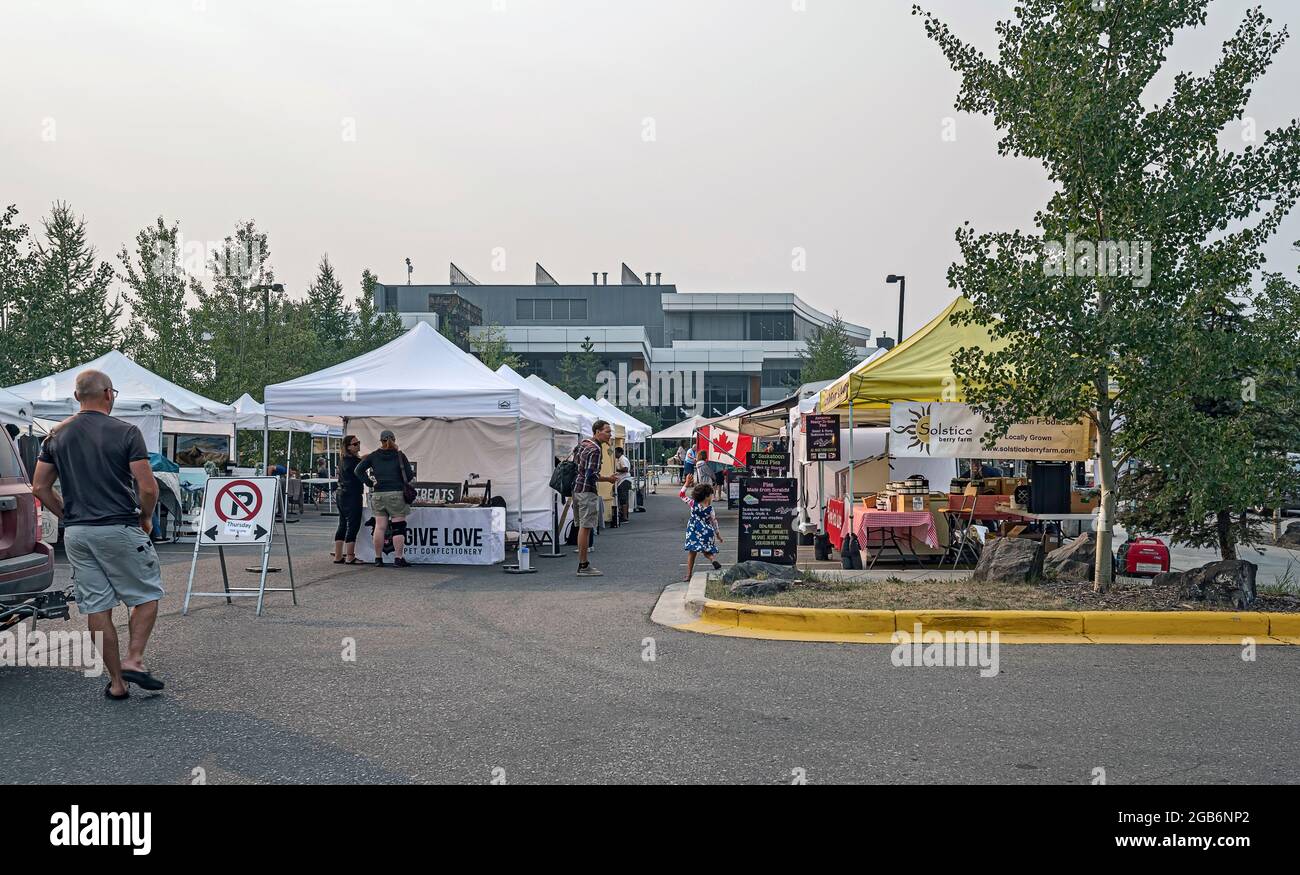 Canmore, Alberta, Canada – July 29, 2021: Vendors opening their booths ...