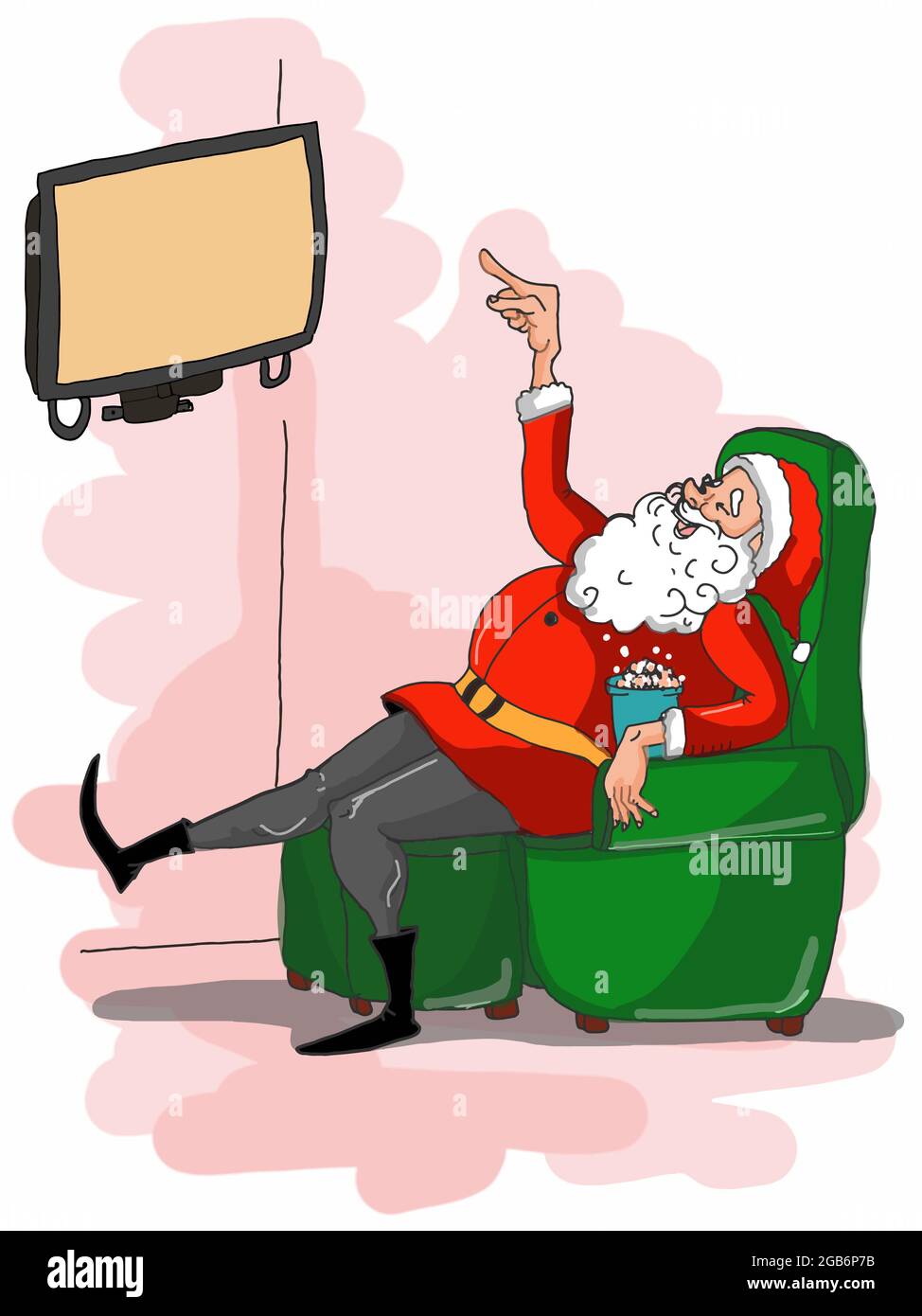 funny Santa Claus ,characters watching tv, pink background illustration ...