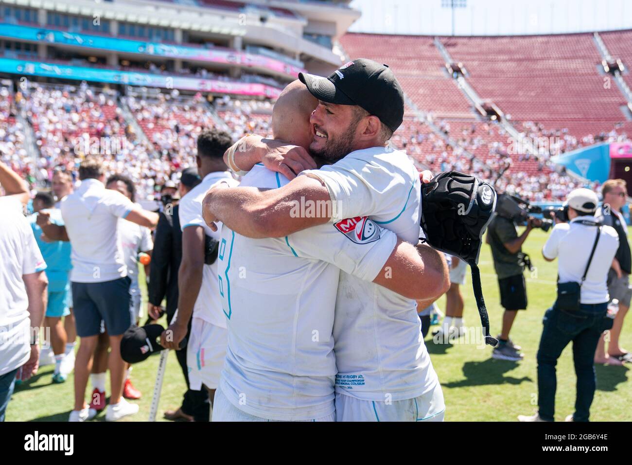 LA Giltinis no. 8 Corey Thomas (8) and lock David Dennis (4) celebrate ...