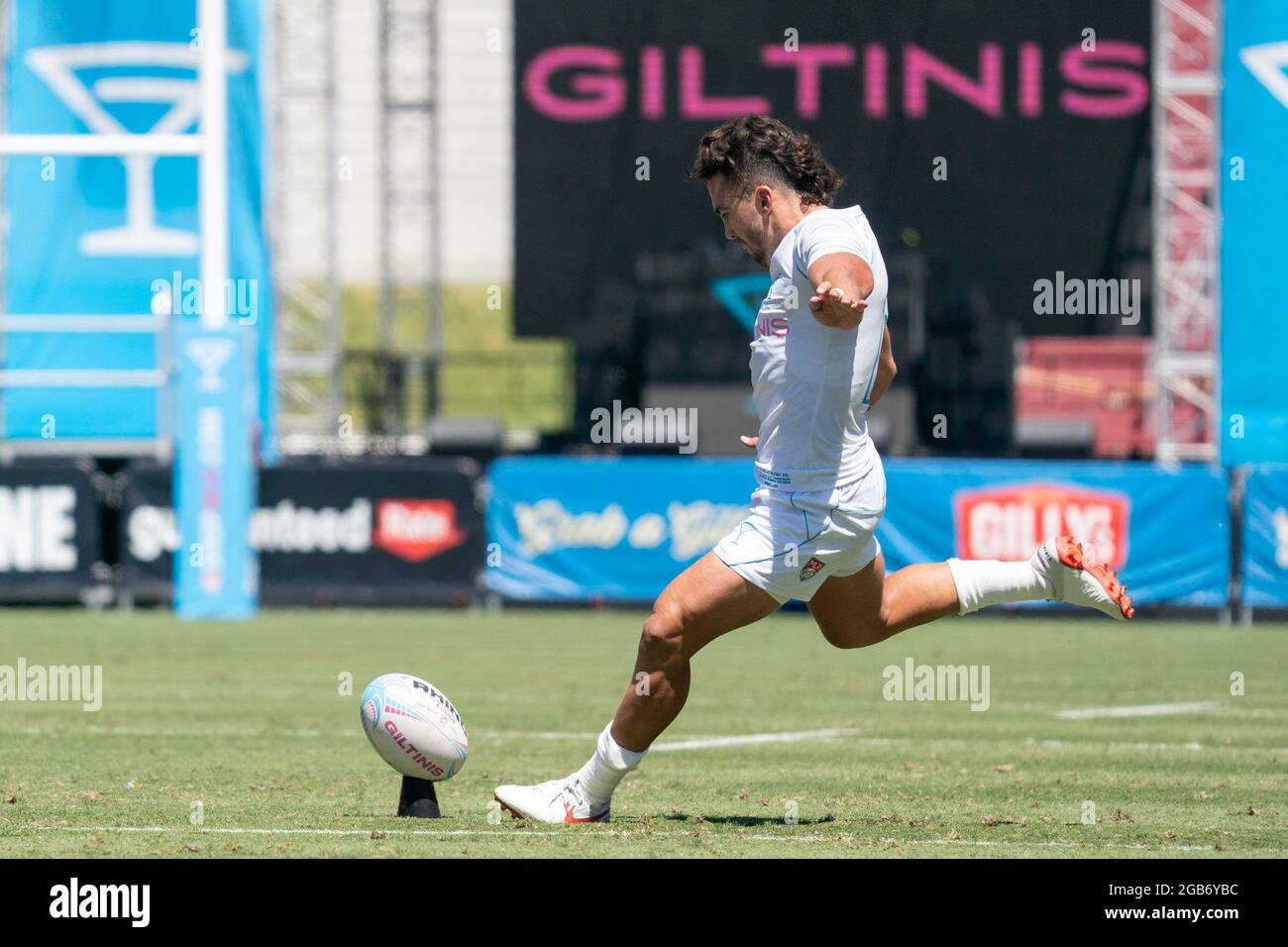 LA Giltinis full-back Luke Burton (15) takes a conversion kick during a ...