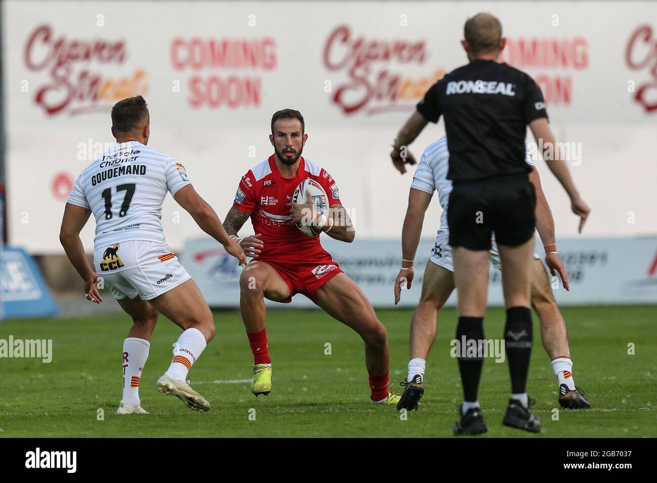 Ben Crooks (2) of Hull KR runs with the ball in, on 8/2/2021. (Photo by ...