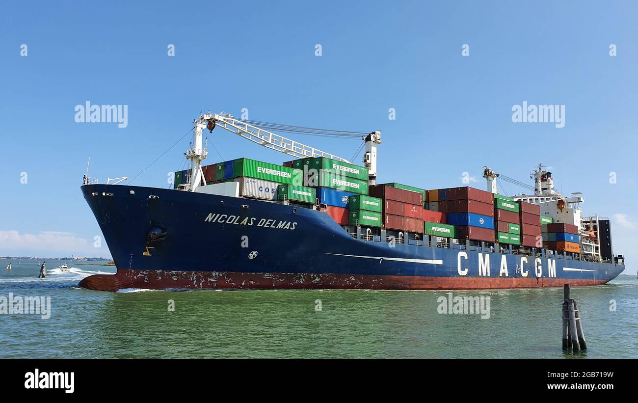 CMA CGM Container ship Nicolas Delmas arrives in the Venice port on August 02 2021 Stock Photo ...