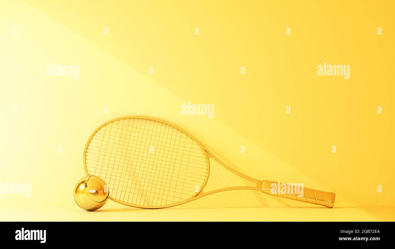 golden tennis racket and ball with copy space. 3d rendering Stock Photo ...